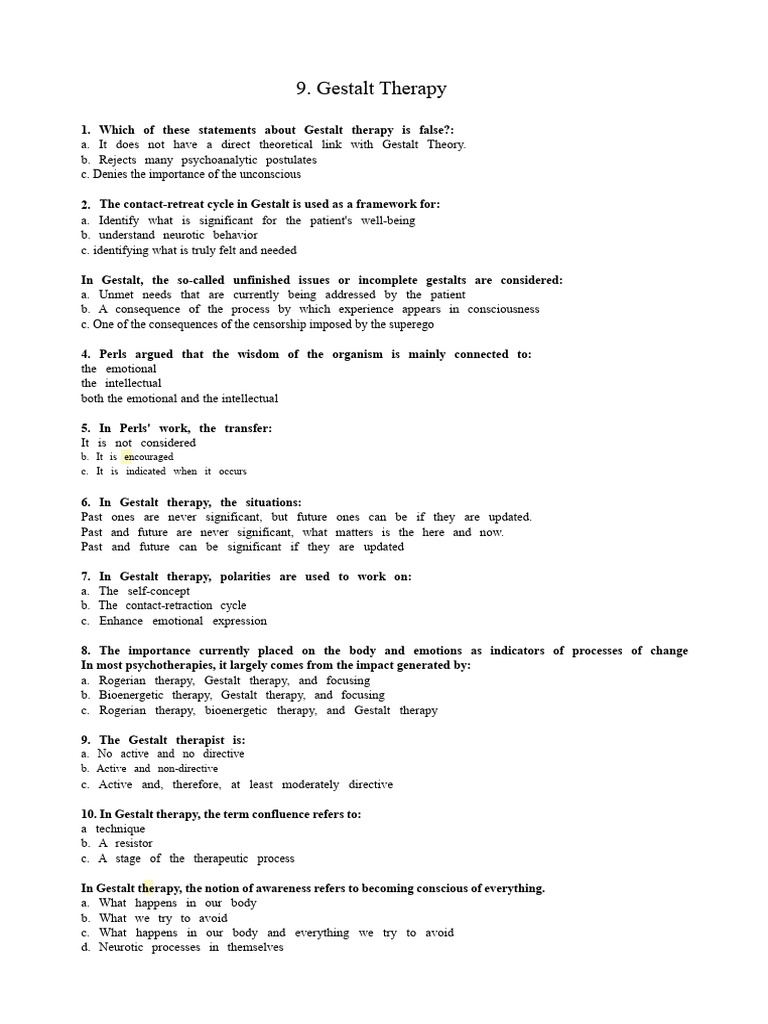 Topic 9. Exam Questions With Solutions. Gestalt Therapy | PDF ...