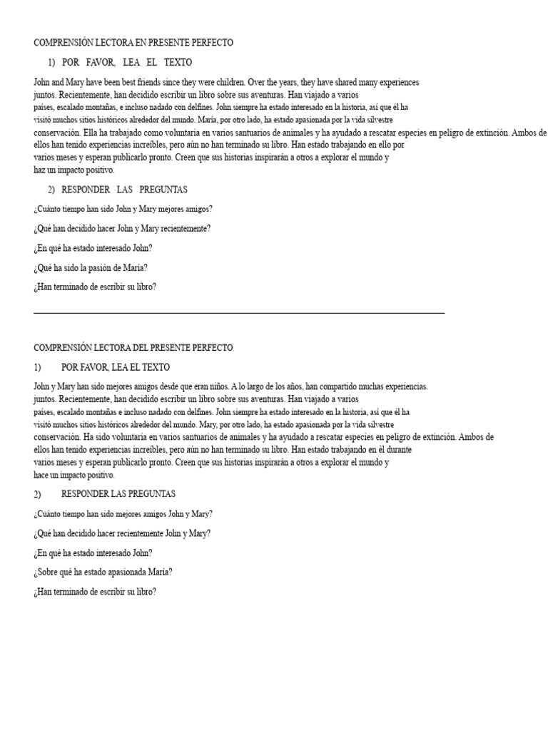 Comprensión de Lectura en Presente Perfecto | PDF