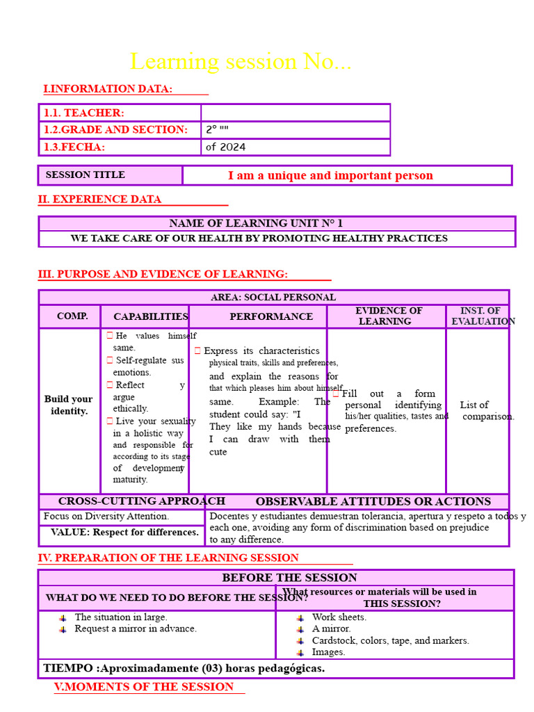 Session I Am A Unique and Important Person Teacher Janet 2° | PDF ...