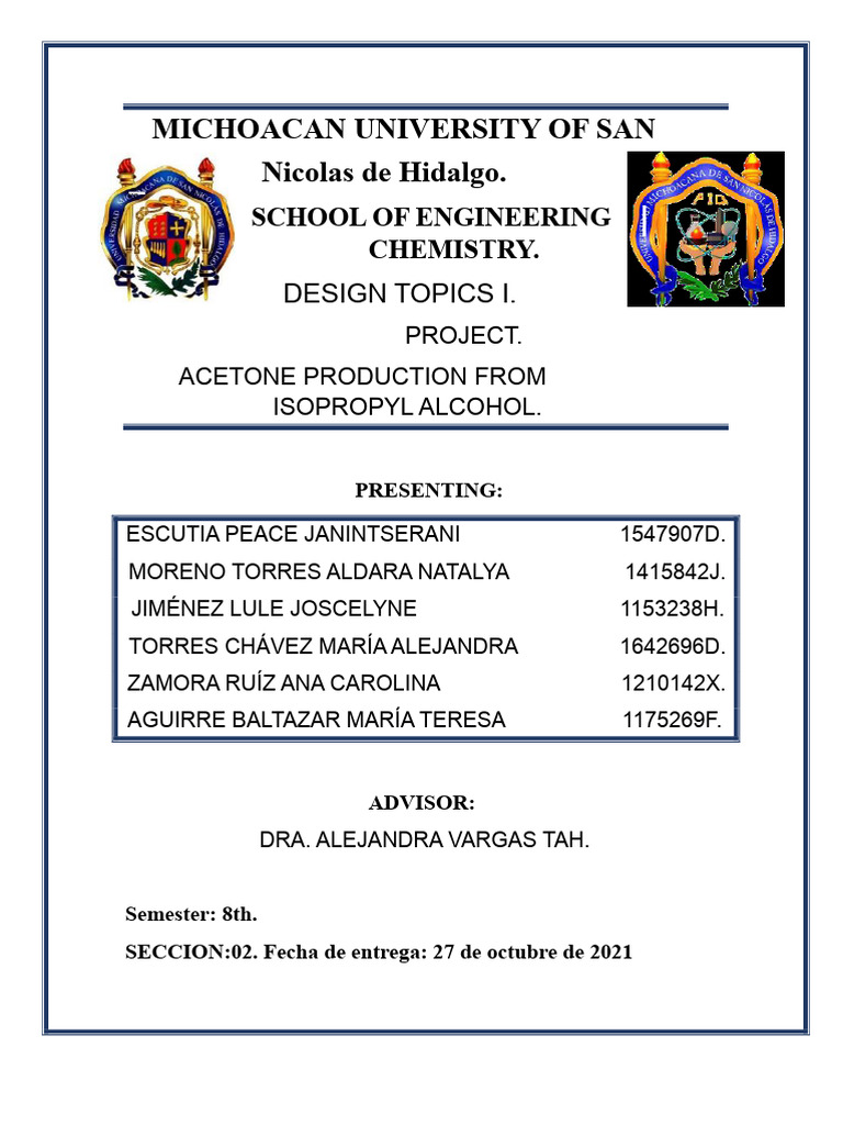 Production of Acetone From Isopropyl Alcohol. DTI - DP.DFP | PDF ...