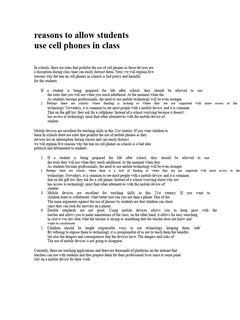 Reasons To Allow Students To Use Cell Phones in Class | PDF | Mobile Phones