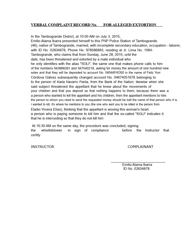 Verbal Complaint: Alleged Extortion Case | PDF