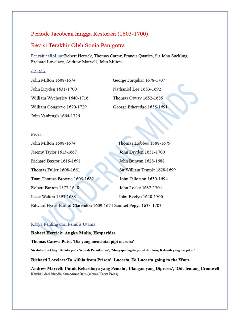 Sastra Jacobean dan Restorasi 1603-1700 | PDF