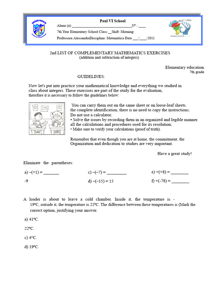 List of Addition and Subtraction of Integers 7th Grade | PDF | Mathematics