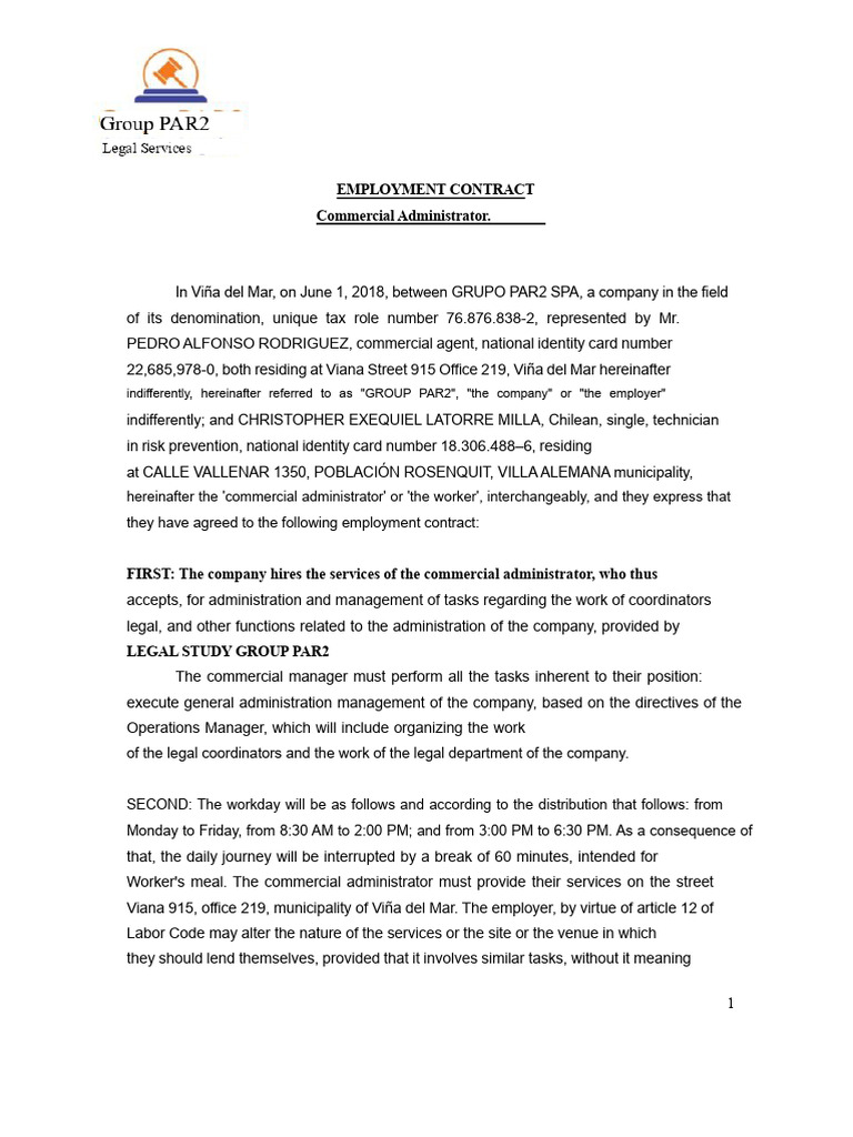 Employment Contract Commercial Administrator Grupo Par2 | PDF | Breach ...