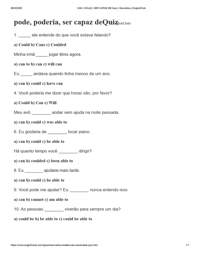 CAN, COULD, SER CAPAZ DE Quiz _ Gramática _ EnglishClub.pdf | PDF