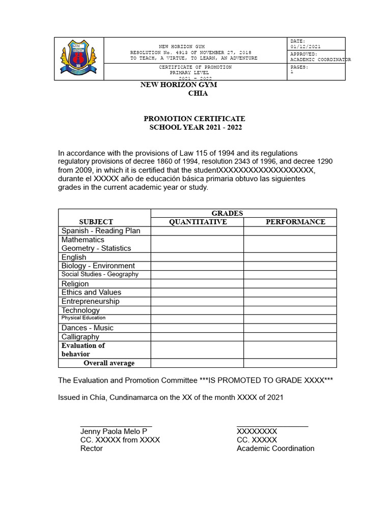 Promotion Certificate 2021 - 2022 | PDF