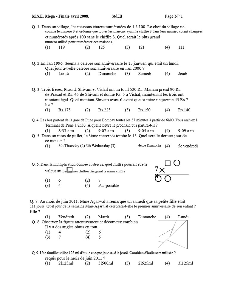 Questions de mathématiques pour élèves de III | PDF | Mathématiques