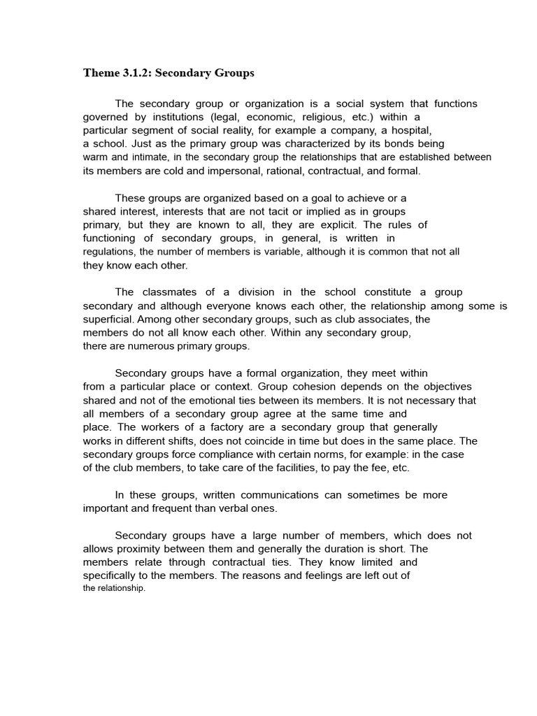 Topic 3.1.2 Secondary Groups | PDF | Communication | Behavioural Sciences