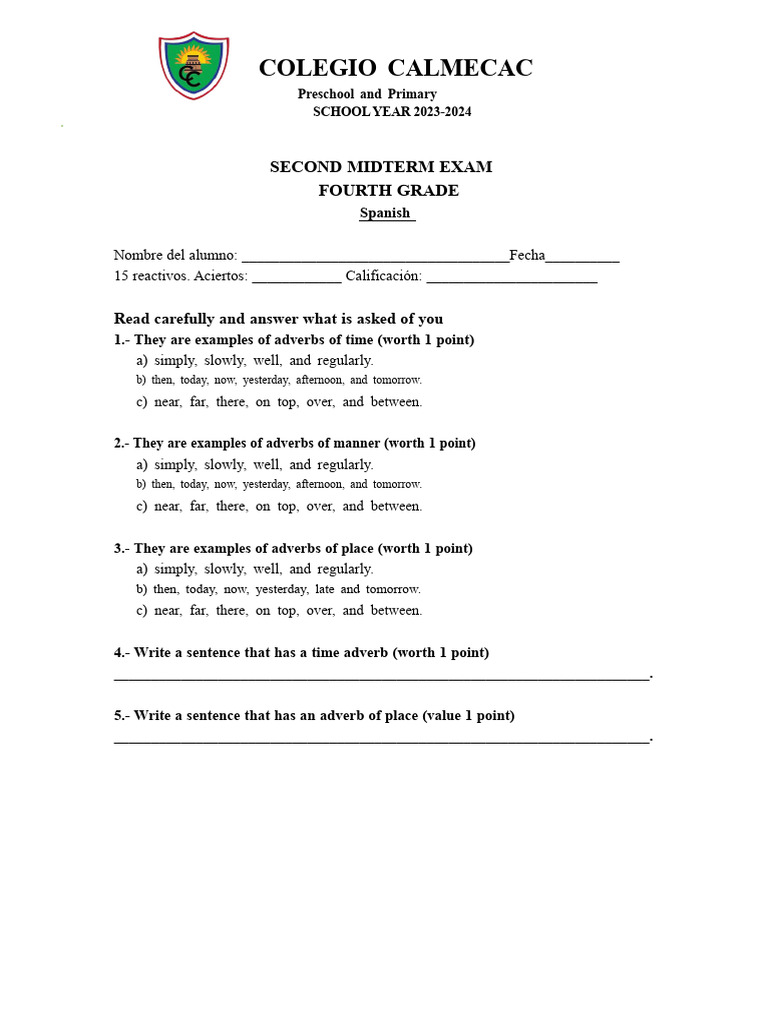 Second Partial Exam 4th Grade | PDF | Mountains | Plateau