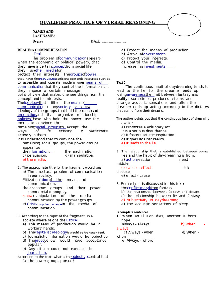 QUALIFIED PRACTICE OF VERBAL REASONING 4th - and 5th | PDF | Dream ...