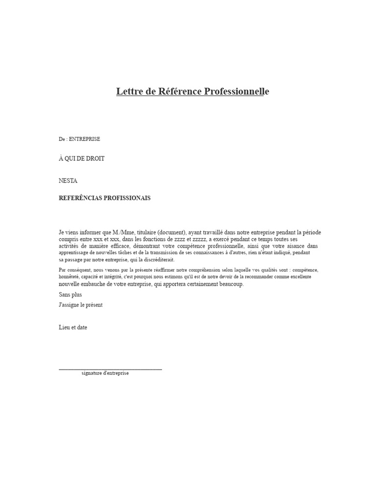 Lettre de Référence Professionnelle | PDF