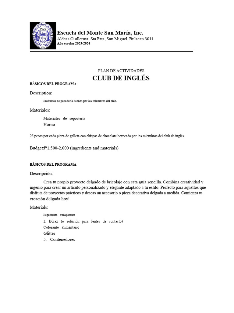 PLAN DE ACTIVIDAD DEL STAND DE CLUBES ESCOLARES | PDF