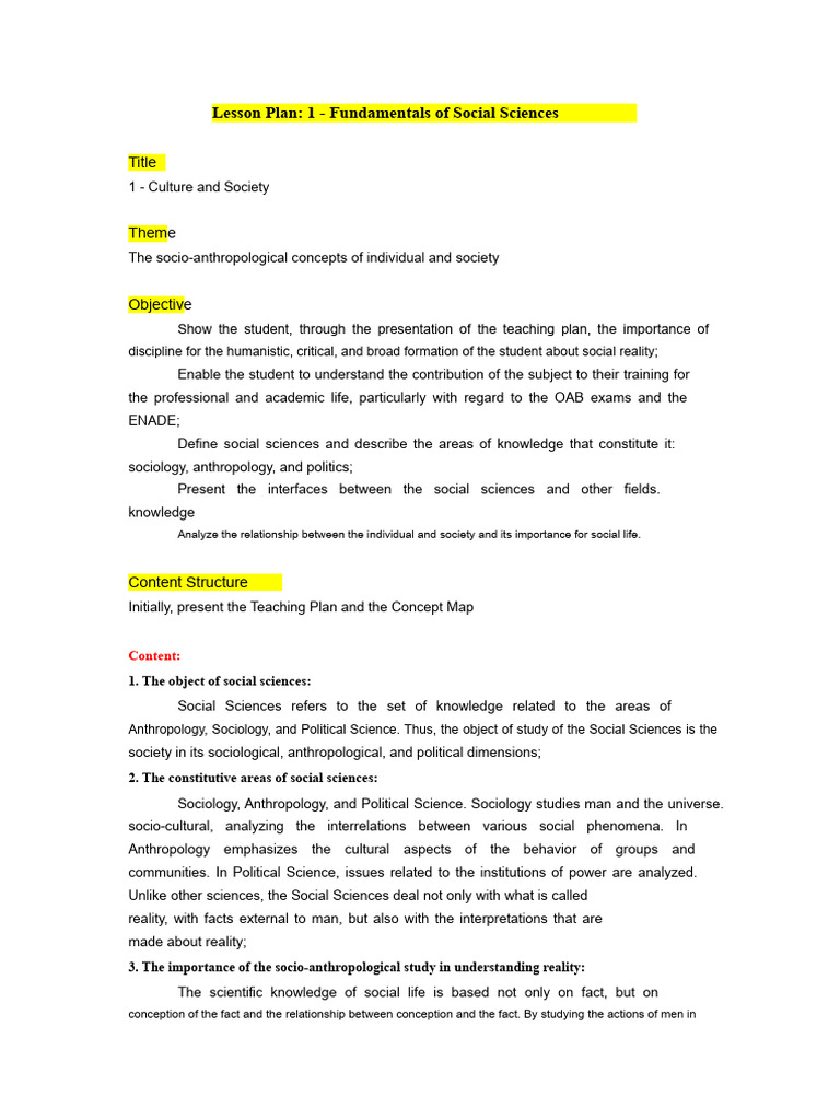 Lesson Plan 01 - Fundamentals of Social Sciences | PDF | Social ...