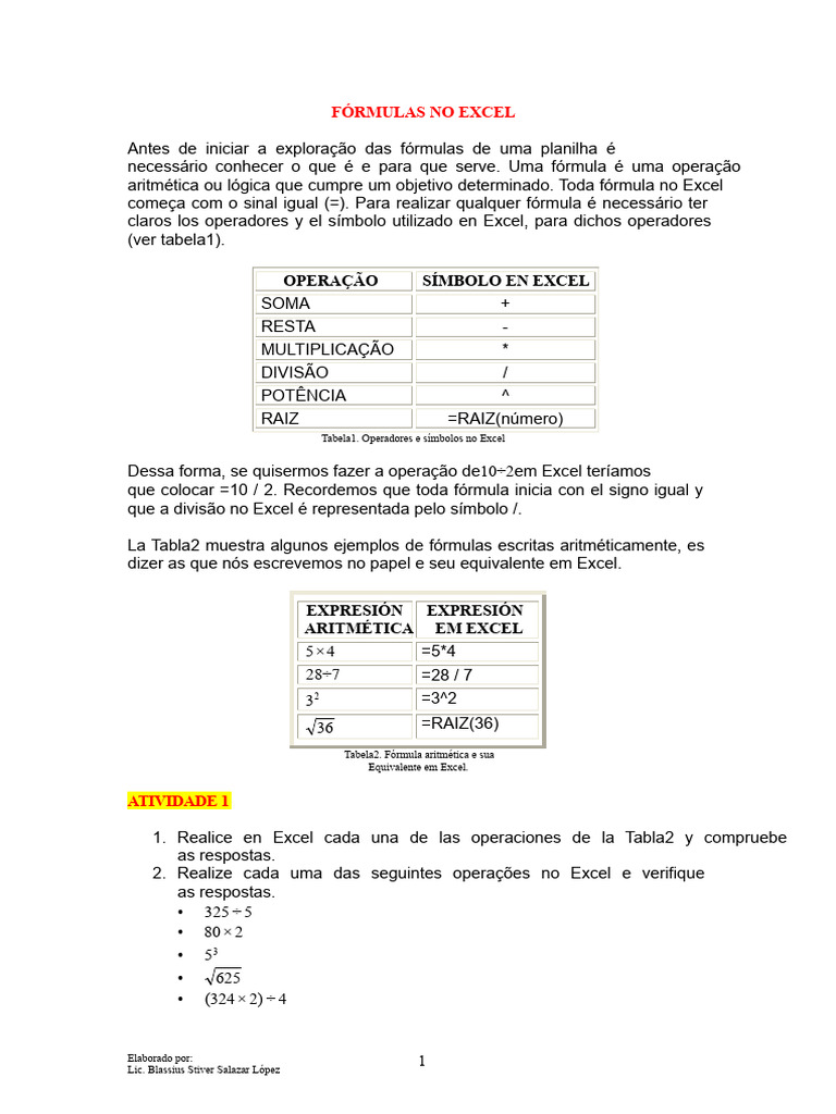 Fórmulas Básicas no Excel: Guia Prático | PDF | Exponenciação | Aritmética