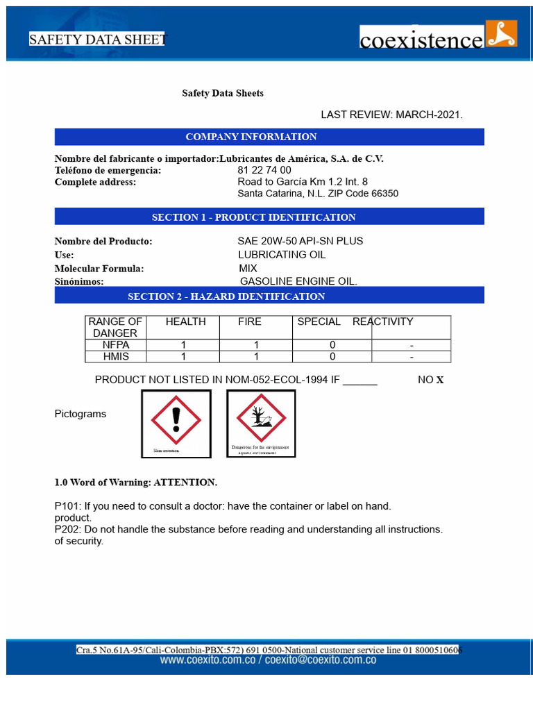 FDS COEXITO OIL SAE 20W-50 API-SN PLUS | PDF | Personal Protective ...