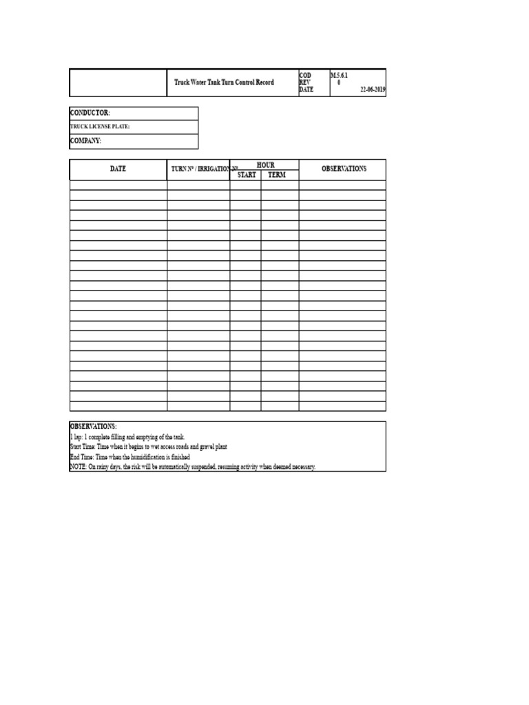 M5.6.1 Truck Tank Turn Control Registration Form | PDF