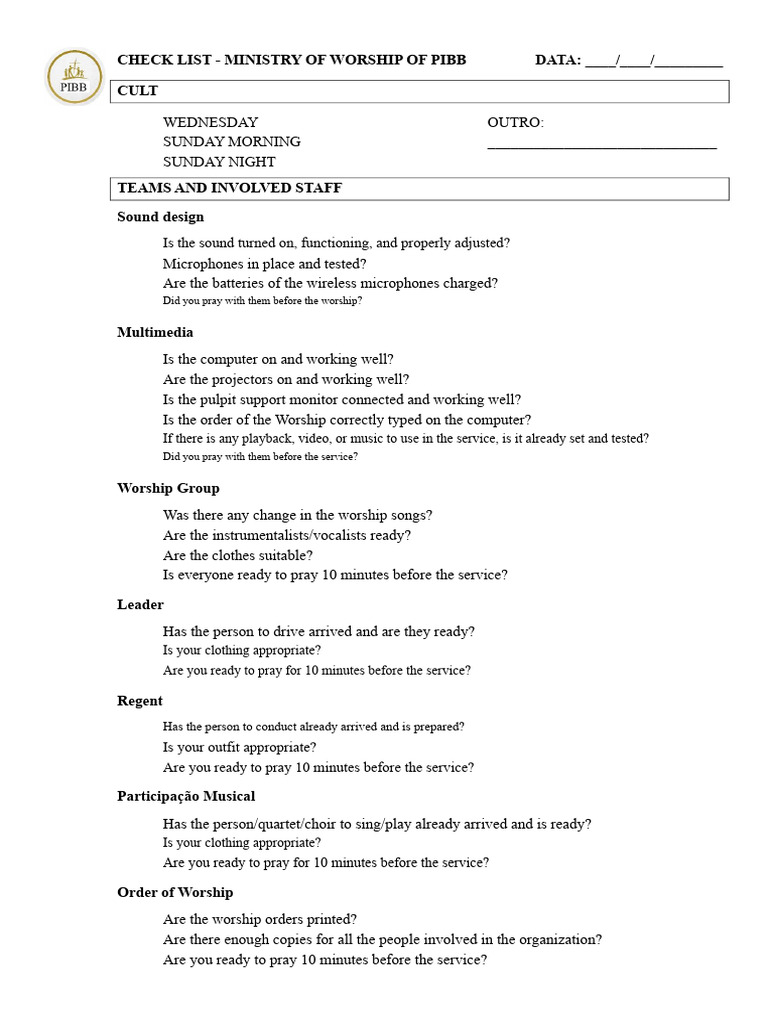 Worship Service Preparation Checklist | PDF