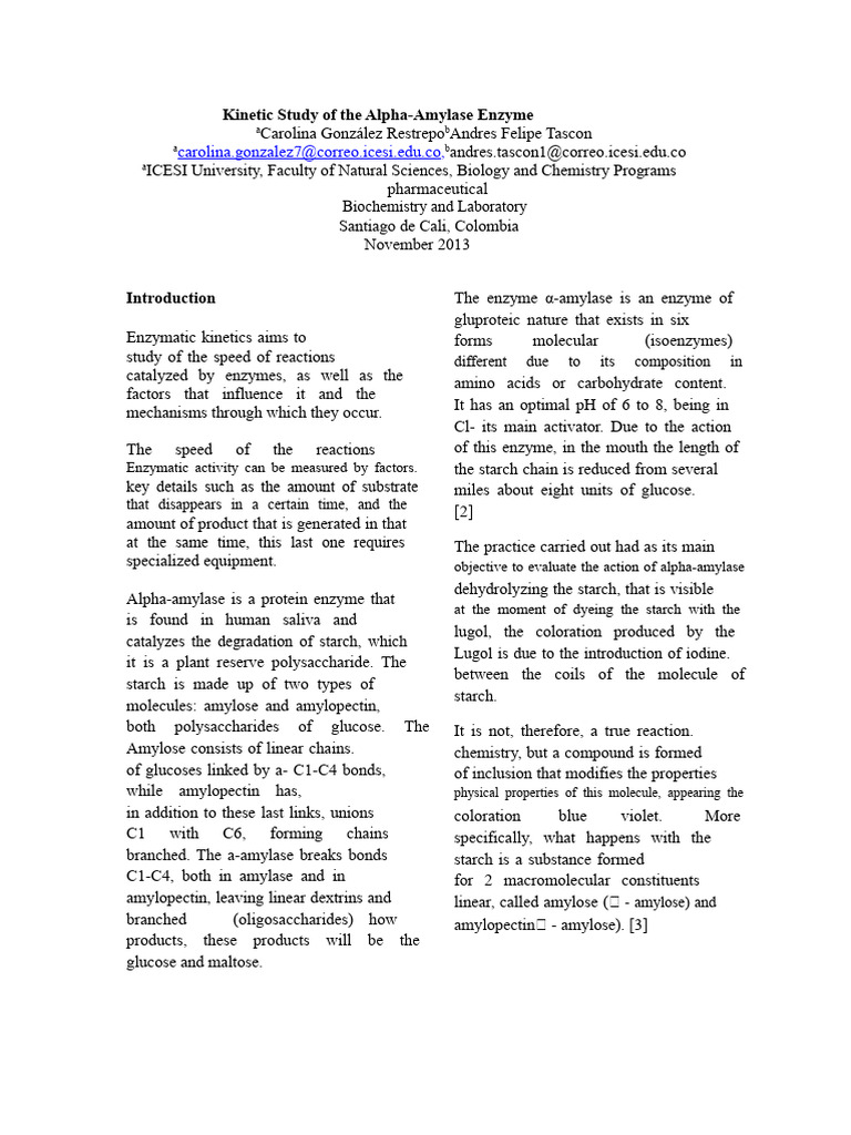 Kinetic Study of the Enzyme Alpha Amylase.docx | PDF | Enzyme | Starch