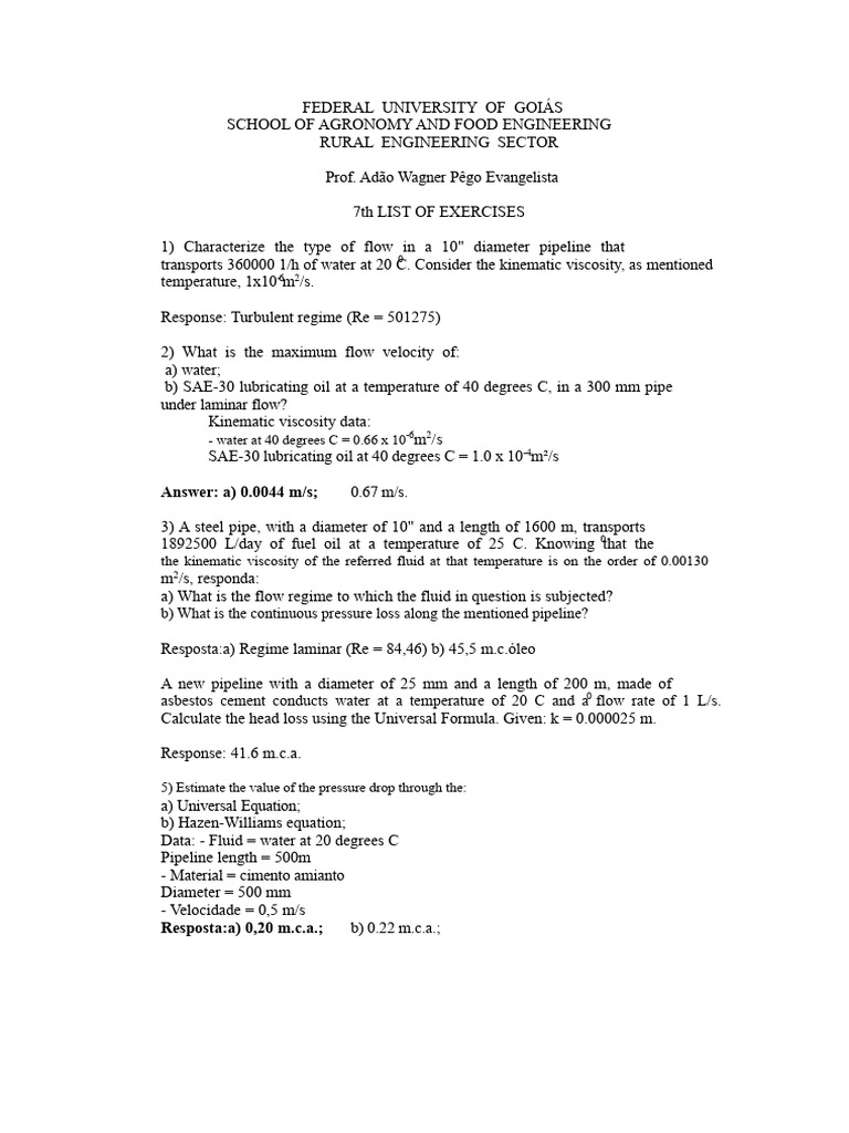 Pipeline Flow and Pressure Loss Exercises | PDF | Fluid Dynamics ...