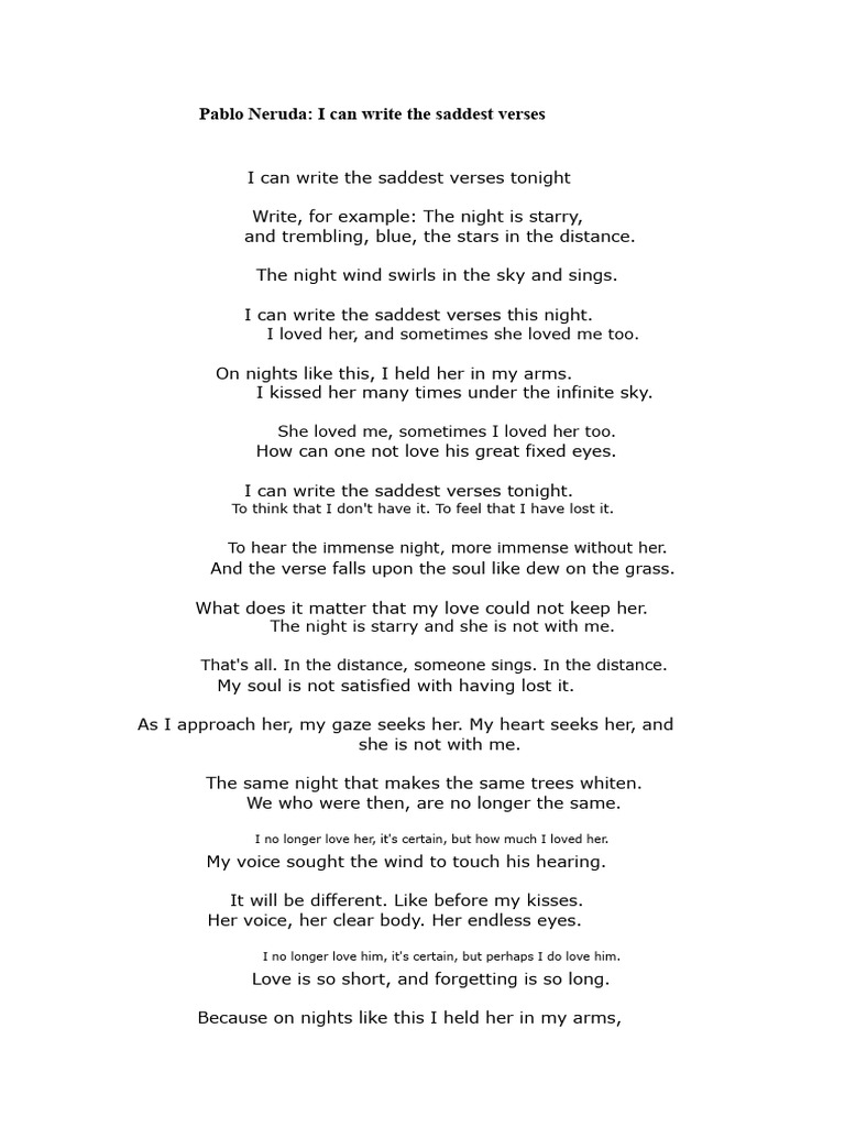 Pablo Neruda I can write the saddest verses tonight | PDF
