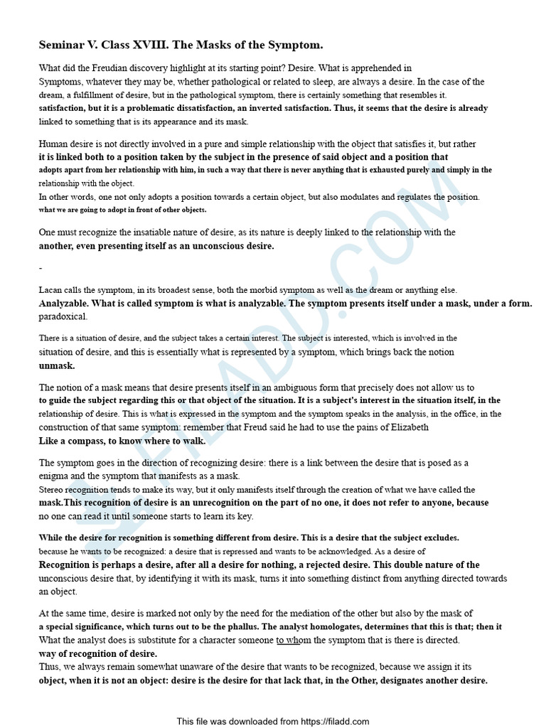 Summary Lacan Seminar 5 Class XVIII The Masks of The Symptom | PDF ...
