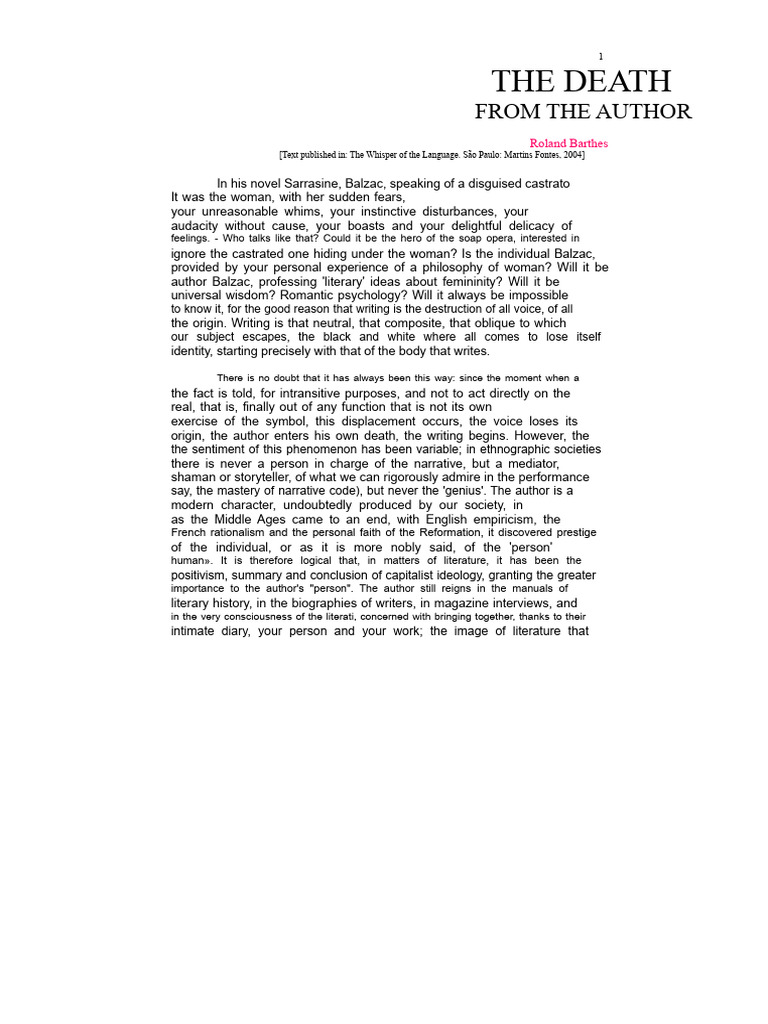 BARTHES, Roland - The Death of The Author | PDF
