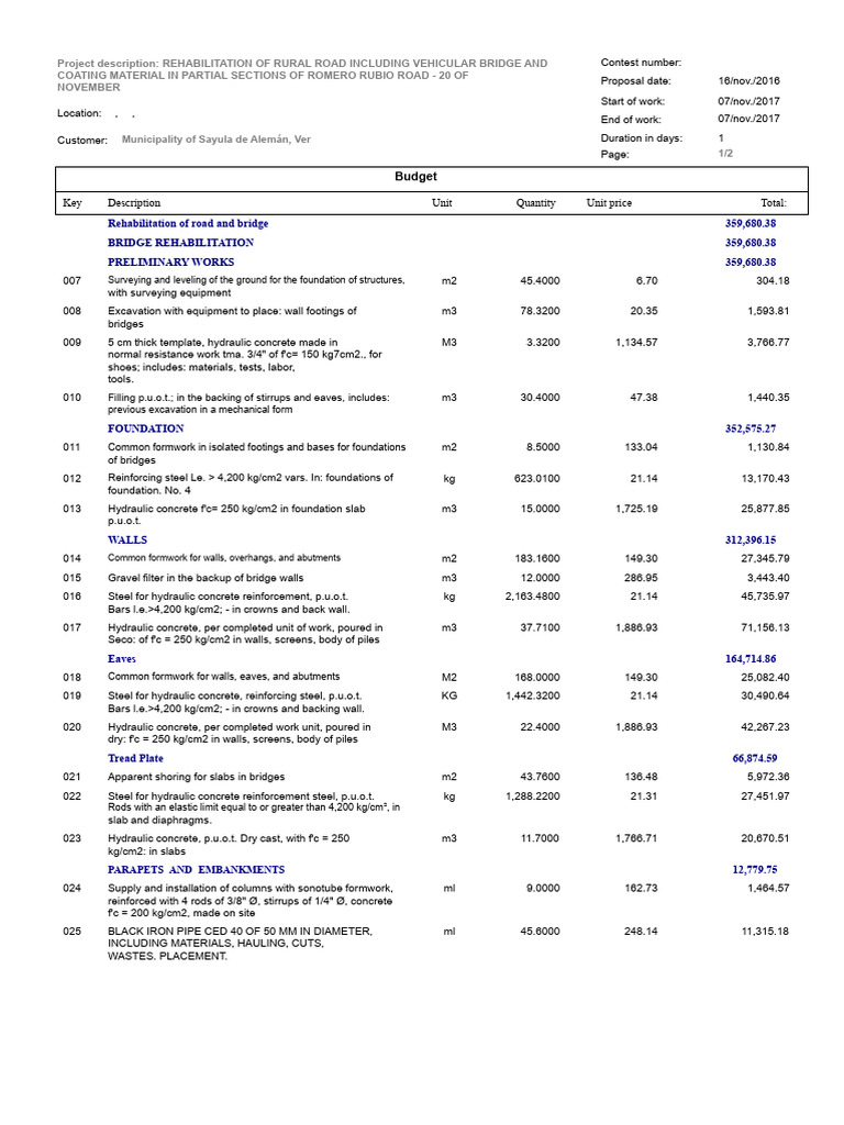 Base Budget VEHICULAR BRIDGE | PDF | Concrete | Building Technology