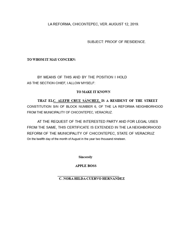 Proof of Residence for Alefh Cruz Sánchez | PDF