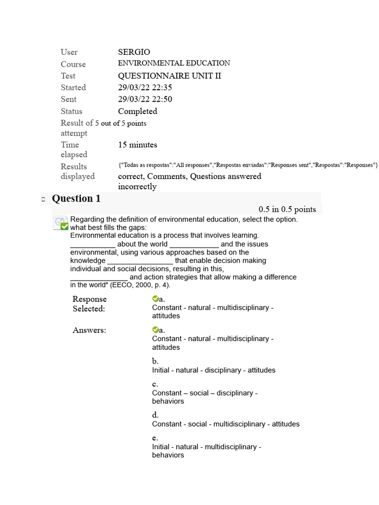 Environmental Education - Questionnaire Unit Ii | PDF ...