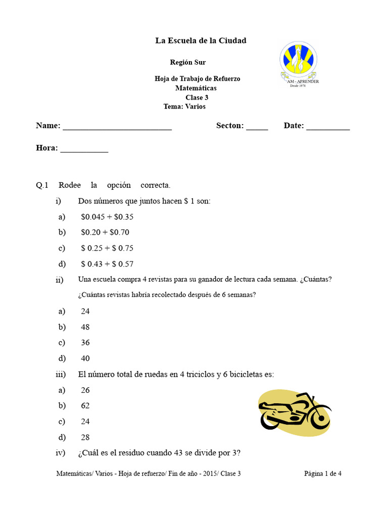 Hoja de Refuerzo de Clase 3 - Misceláneo | PDF | Notación Matemática ...