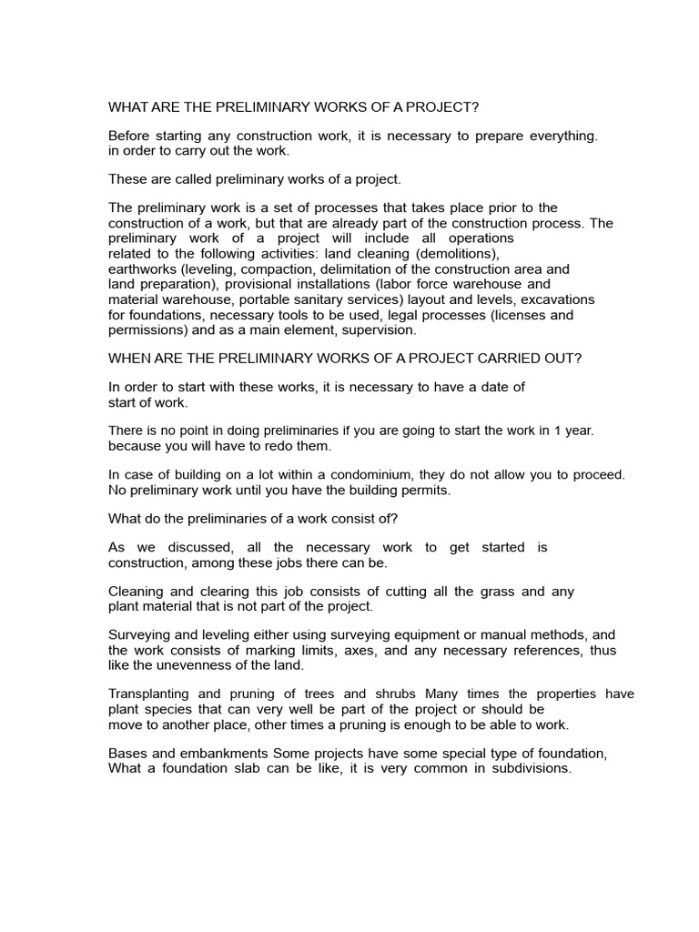 Preliminary Works of A Construction | PDF