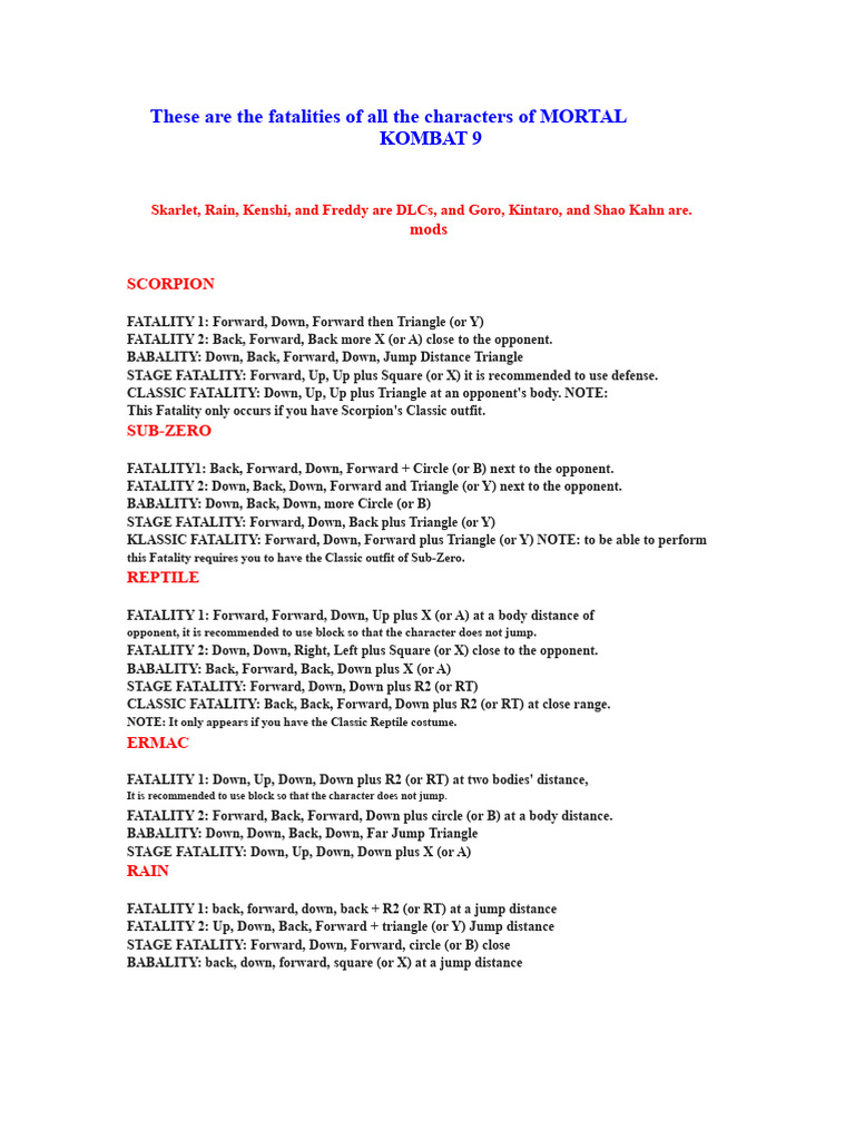 Mortal Kombat 9 Fatality Guide | PDF