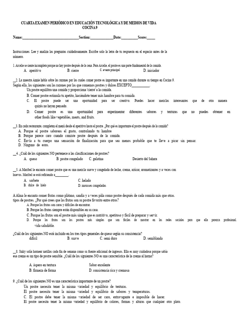 Cocina 9 Examen 4 | PDF | Postres | Alimentos