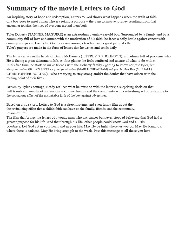 Summary of The Movie Letters To God | PDF