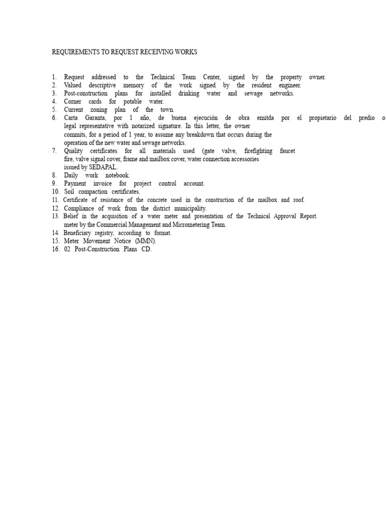 Requirements For Work Reception | PDF