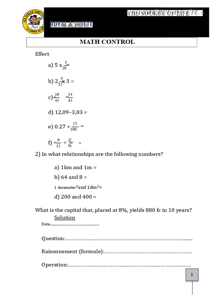 MATH CONTROL No. 1 (5th Grade) | PDF