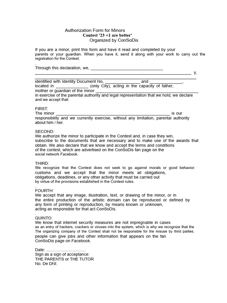 Authorization Form For Minors | PDF