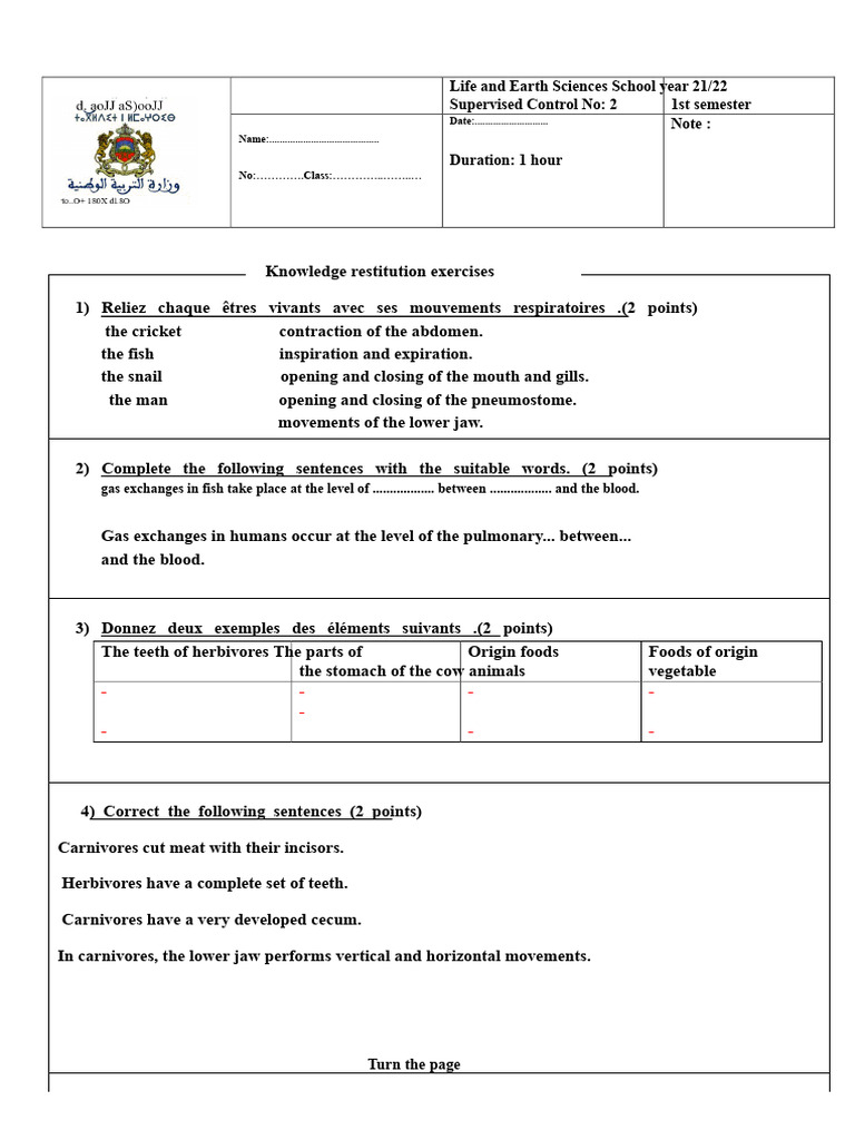 Control 1 Sem1 SVT 1AC Model 4 | PDF | Tooth | Zoology