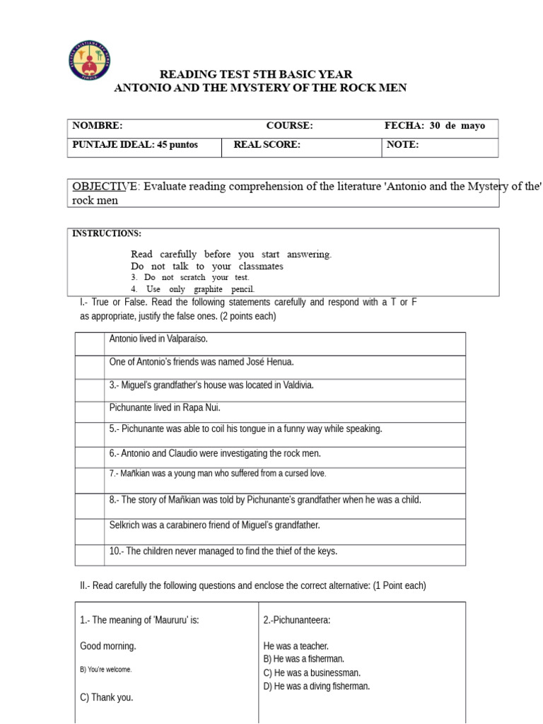 5th Grade Reading Test: Rock Men Mystery | PDF