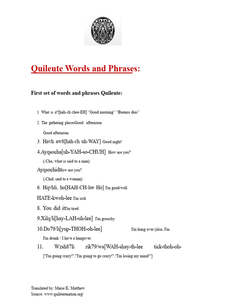 Quileute Language Words & Phrases Guide | PDF | Linguistics