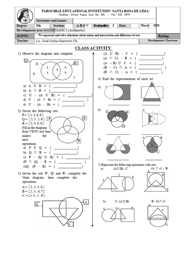 5° - Activity - Representation of Sets (Union, Intersection and ...