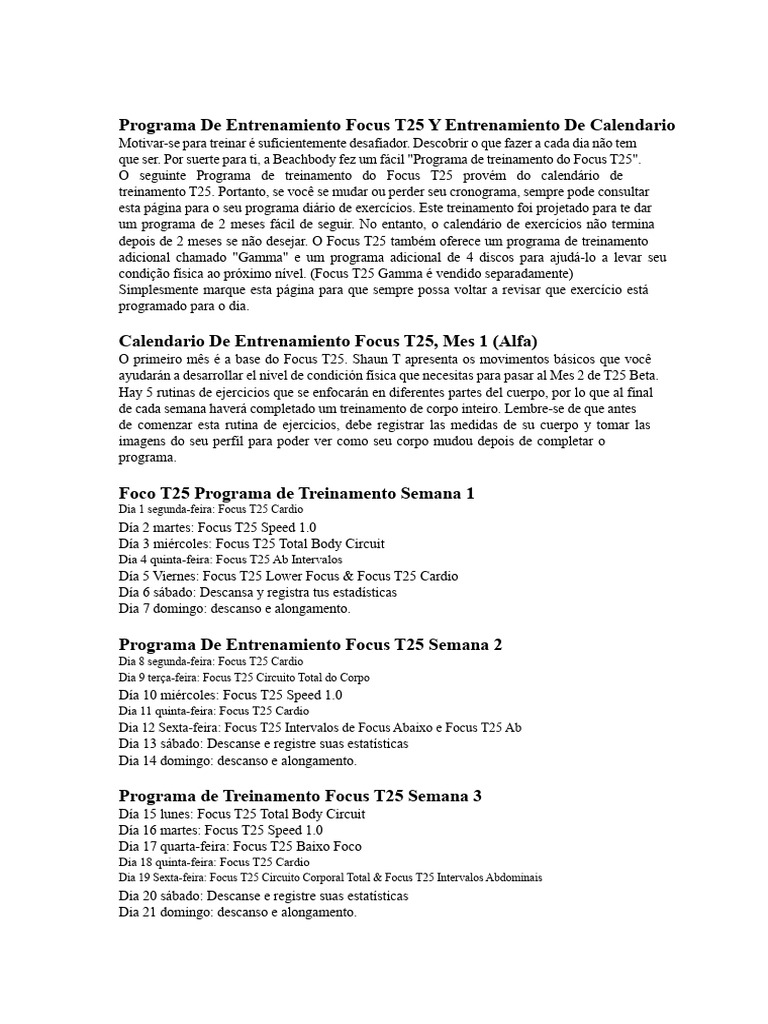 Calendário de Treinamento Focus T25 | PDF | Calendário