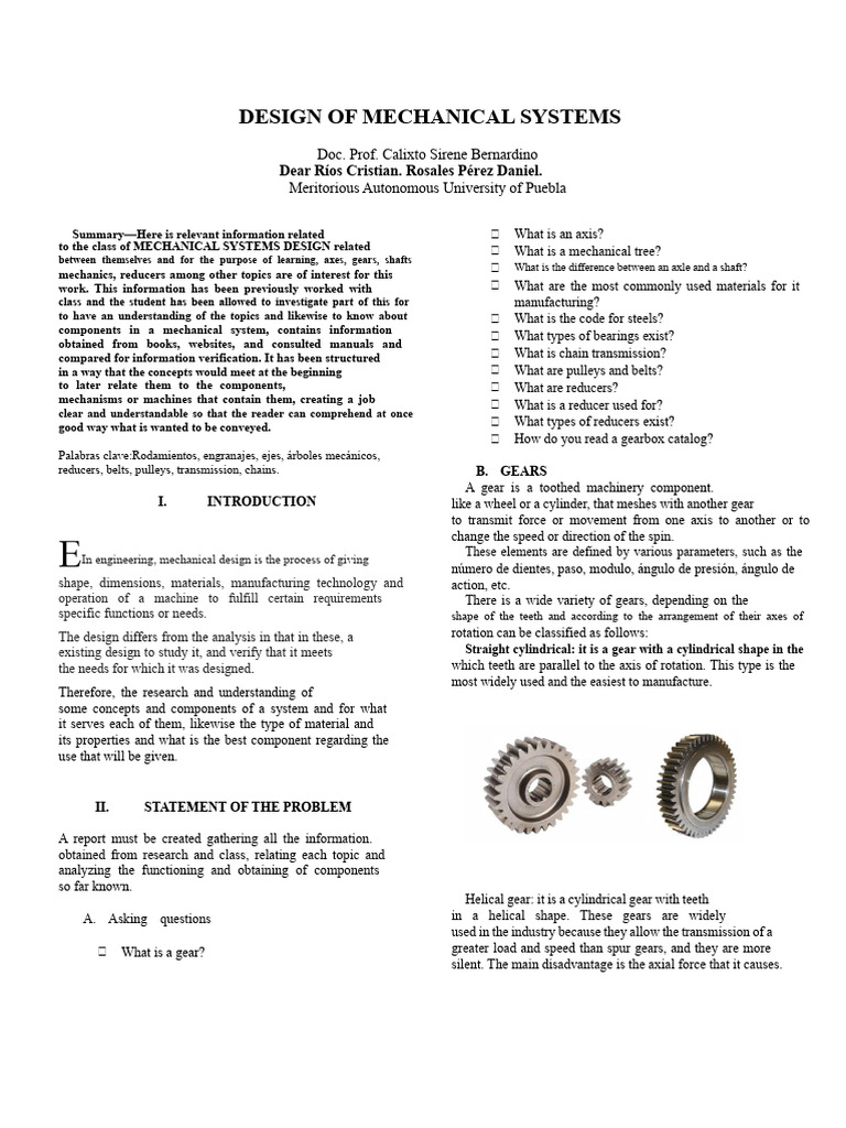 Report On Mechanical System Design | PDF | Gear | Belt (Mechanical)