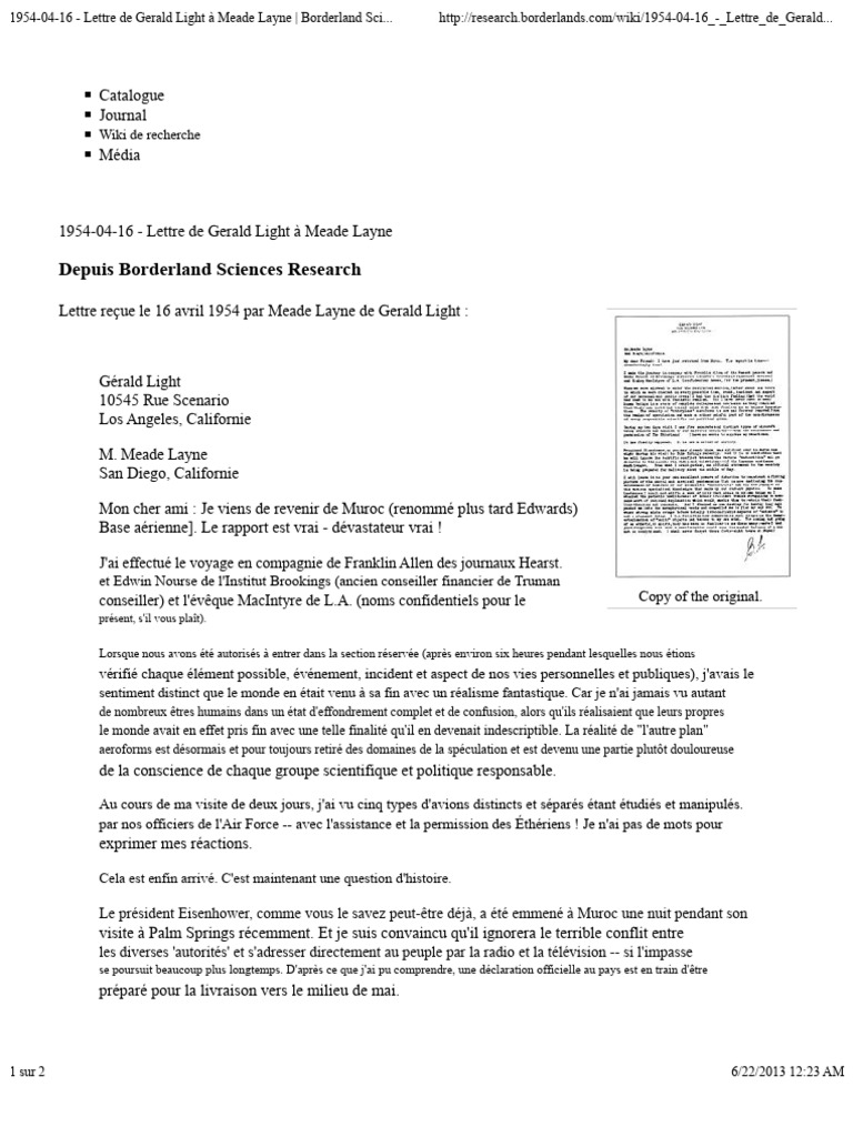 Lettre de Gerald Light à Meade Layne | PDF | Objet volant non identifié ...