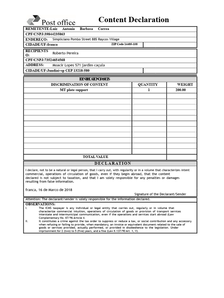 Final Shipping Content Declaration Correios | PDF