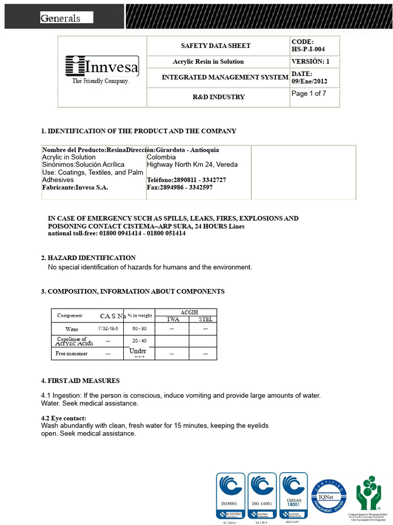 Acrylic Resin Safety Data Sheet | PDF | Firefighting | Water