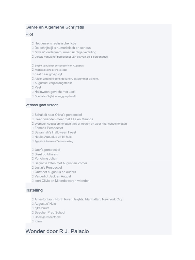 Wonder Personages, Setting, Plot Overzicht | PDF