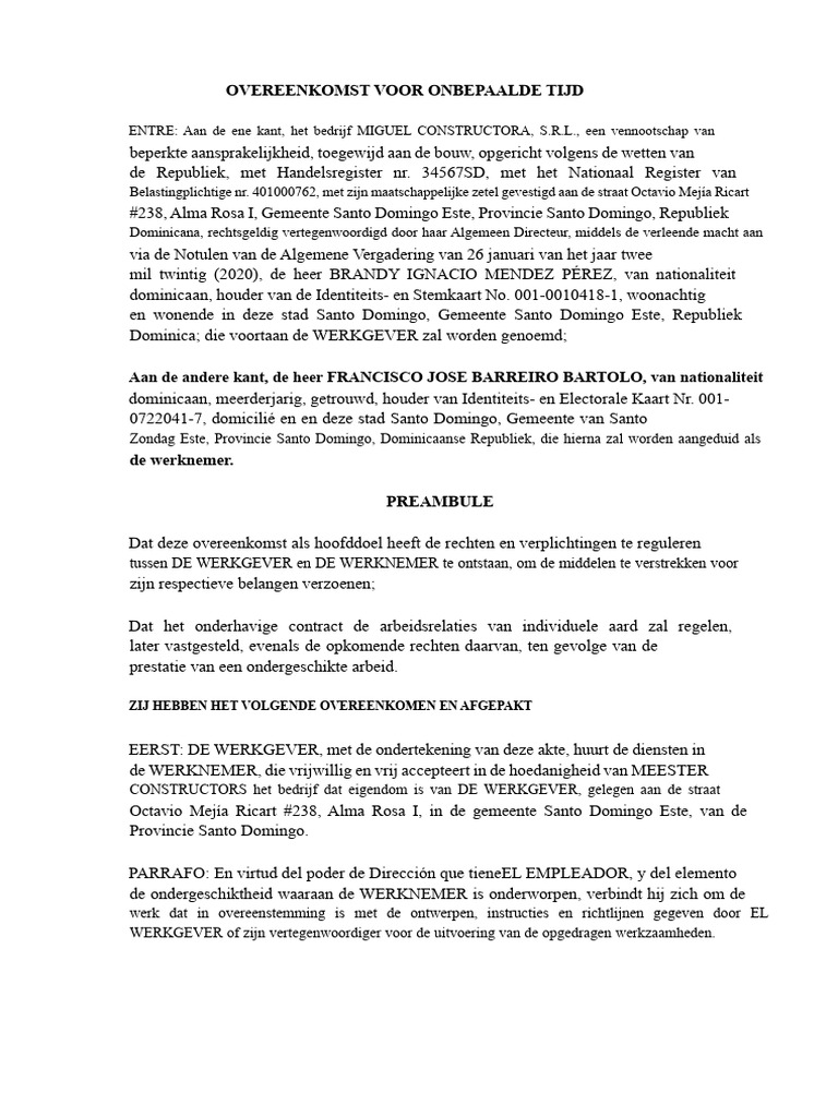 Arbeidsovereenkomst Voor Onbepaalde Tijd | PDF