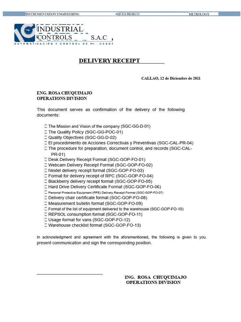 Delivery Receipt Confirmation Document | PDF